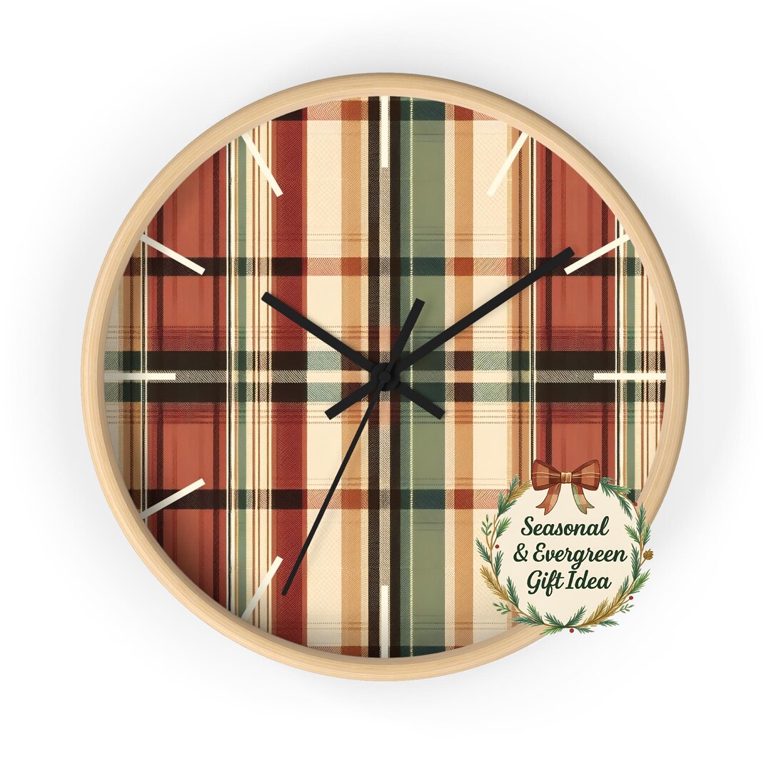 Seasonal Tartan Plaid Wall Clock: Earthy Colors, Silent Mechanism ...