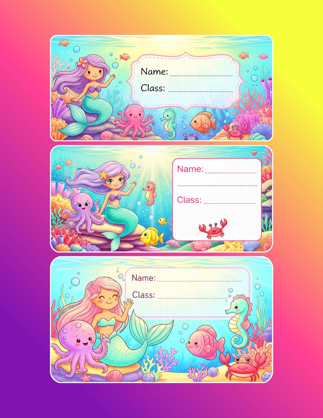 Cute Mermaid Name Labels for Girls, Whimsical Sea Life Name Tags, Back ...