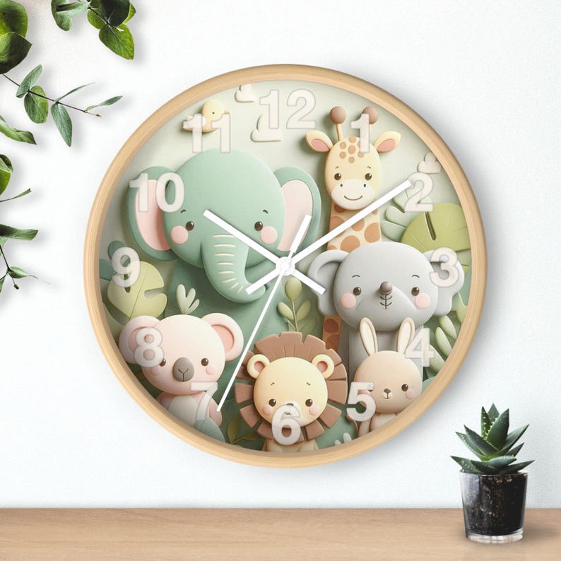 Pastel Jungle Friends Wall Clock for Baby Nursery With Wooden Frame - Etsy