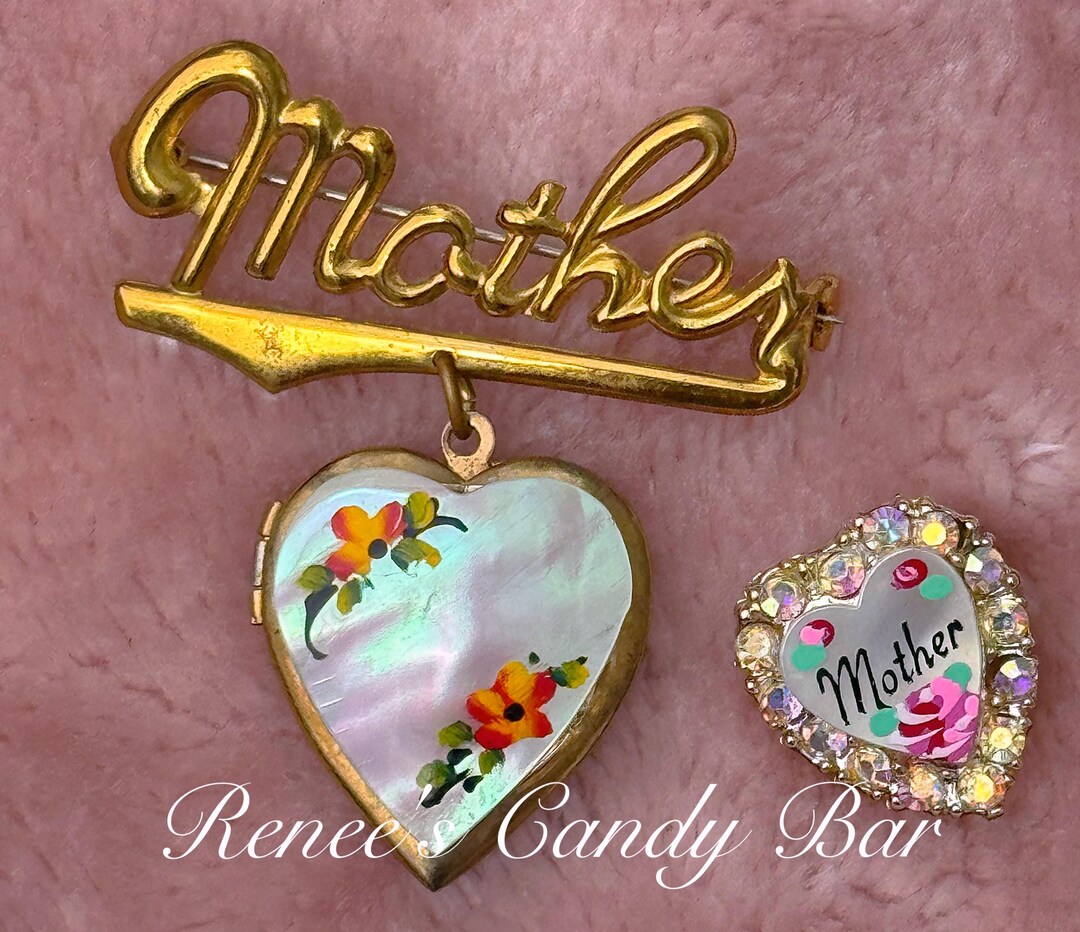 Vintage Mother Pin: Heart Brooch, Floral Locket, Rhinestone Accent - Etsy
