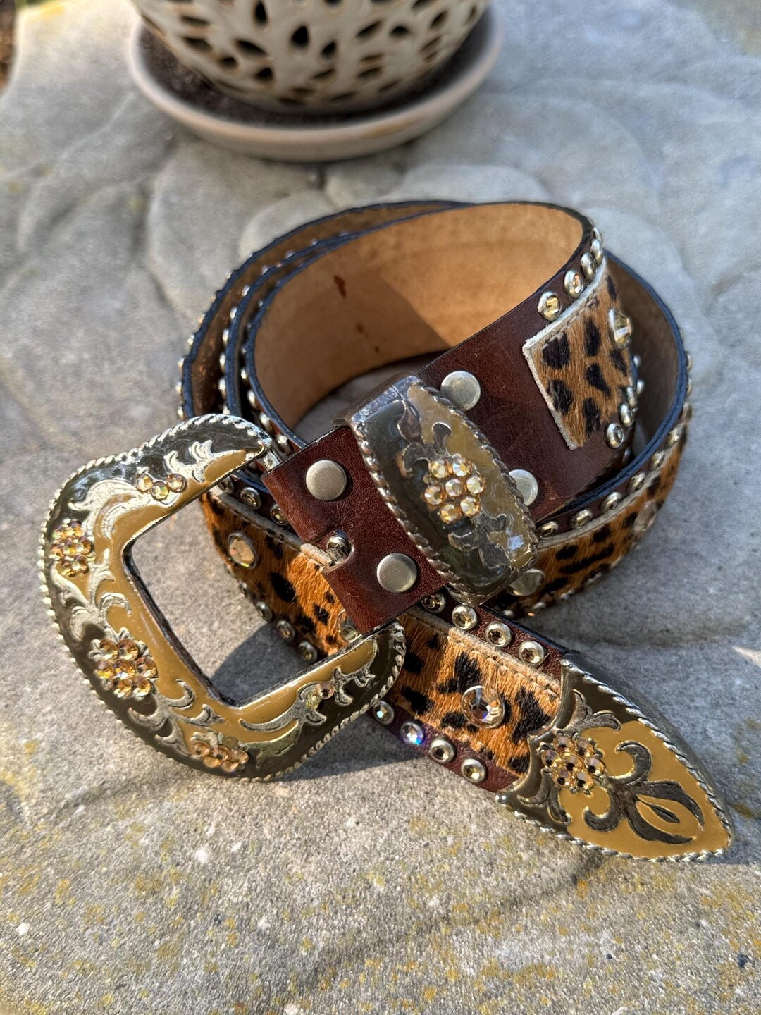 Brown Leopard Belt Blingy Rhinestone Studded Belt Leather Western Belt ...