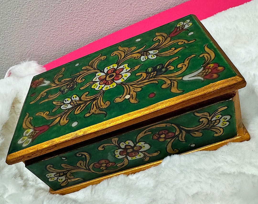 Antique Wood Box Green Floral Painted Box Beautiful Antique Wood Box ...