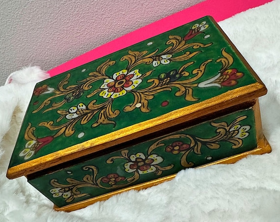 Antique Wood Box Green Floral Painted Box Beautiful A… - Gem