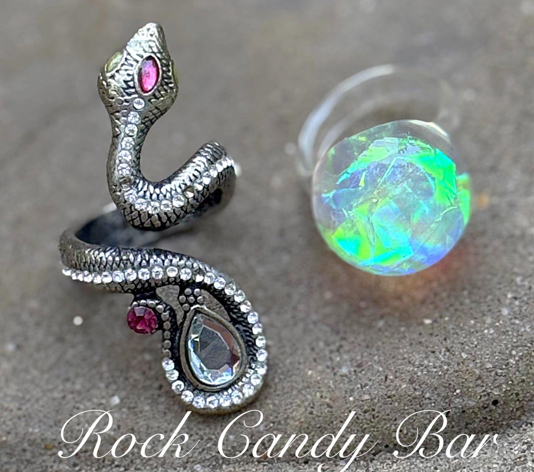 1980s Opalescent Dome & Rhinestone Snake Ring Set: Retro Costume ...