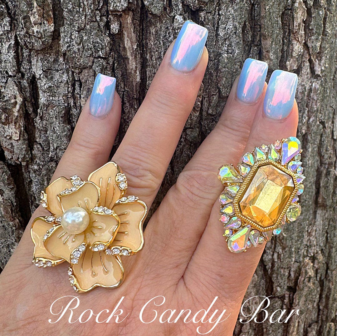 Giant Statement Rings Flower Ring Faux Diamond Ring Enamel Flower Ring ...
