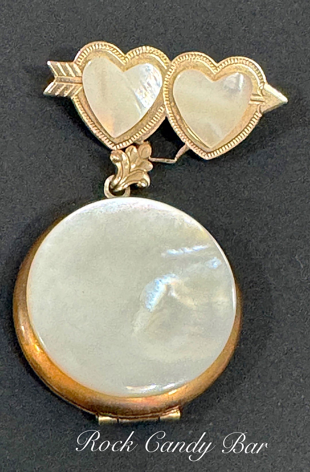Antique Double Heart Arrow Locket Mother of Pearl Brooch Pin Heart ...