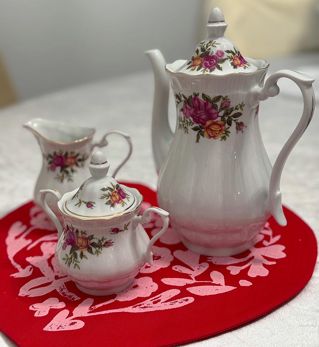 Pretty Tea Set Vintage Pink Rose Teapot Sugar & Creamer Set Tea Party ...