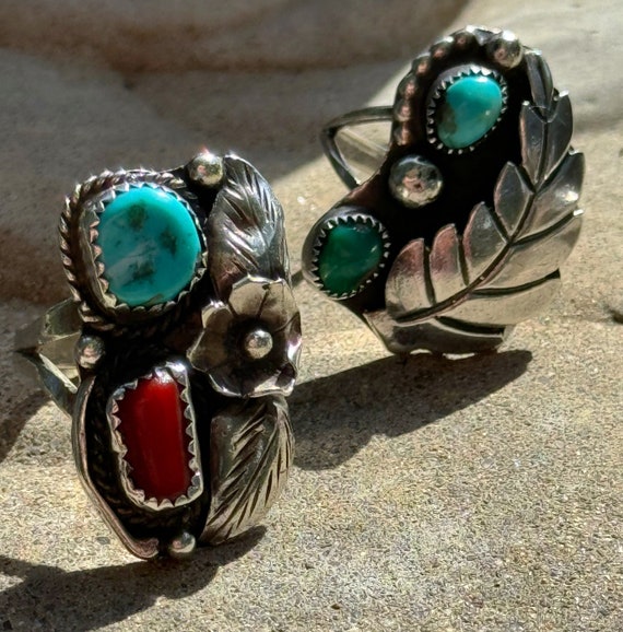 Vintage Navajo Turquoise Coral Flower Ring Vintage Sterling Silver Size 9 Cool Navajo Ring Vintage Sterling Silver Ring Southwestern Jewelry Etsy