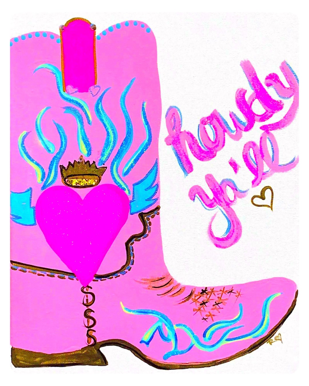 Flaming Heart Boot Wall Art Pink Cute Boot Cowgirl Boot Fun Wall Art ...
