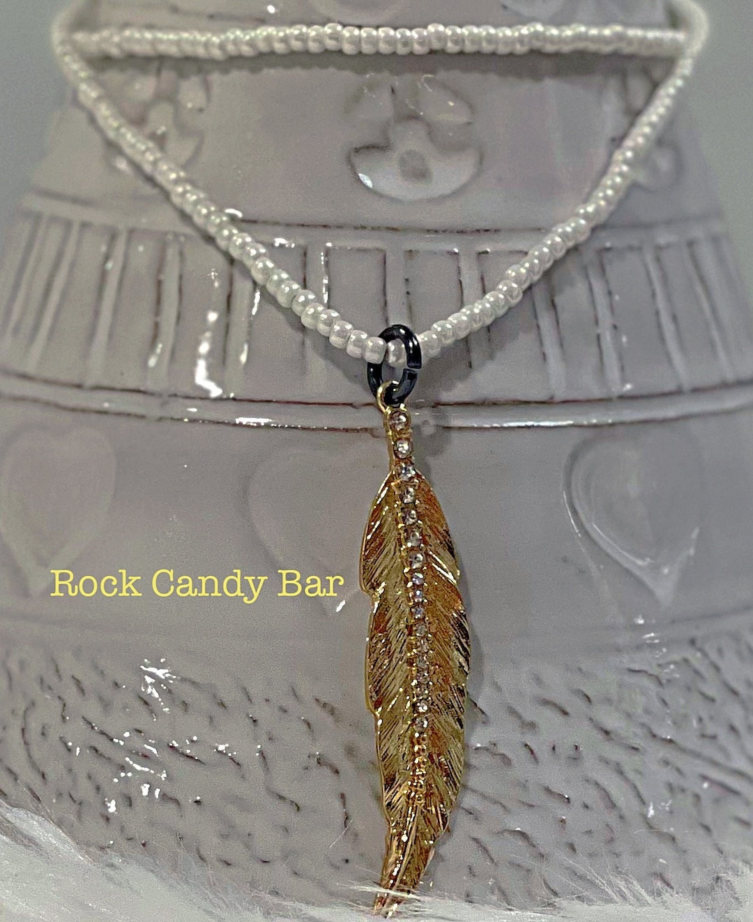 Custom Dainty Feather Necklace – White & Gold Beaded Pendant, Lucky ...