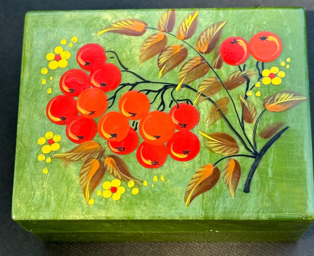 Cherry Trinket Box Vintage Enamel Hand Painted Small Square Green ...
