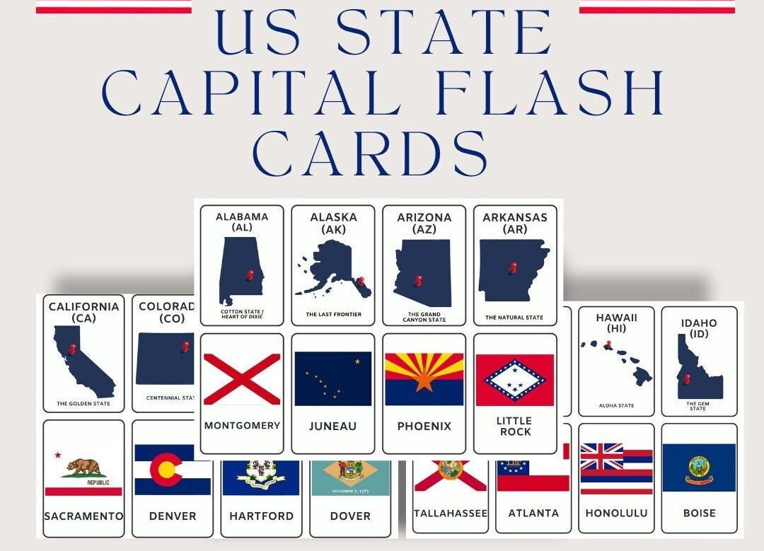 State Capitals, Nicknames, Flags, and Abbreviations Flash Cards Game ...