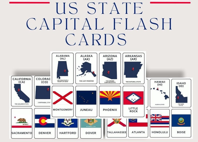 State Capitals, Nicknames, Flags, and Abbreviations Flash Cards Game ...