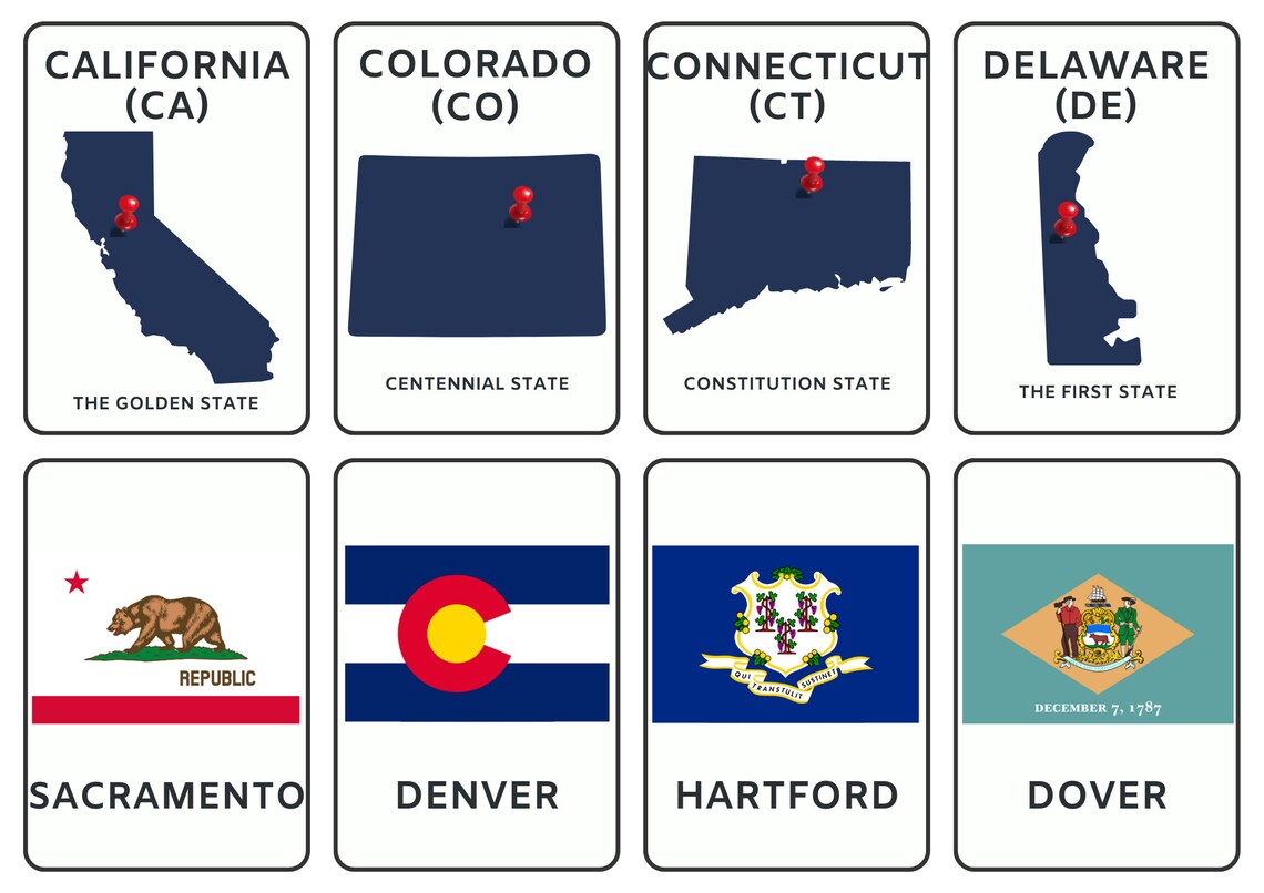 State Capitals, Nicknames, Flags, and Abbreviations Flash Cards Game ...