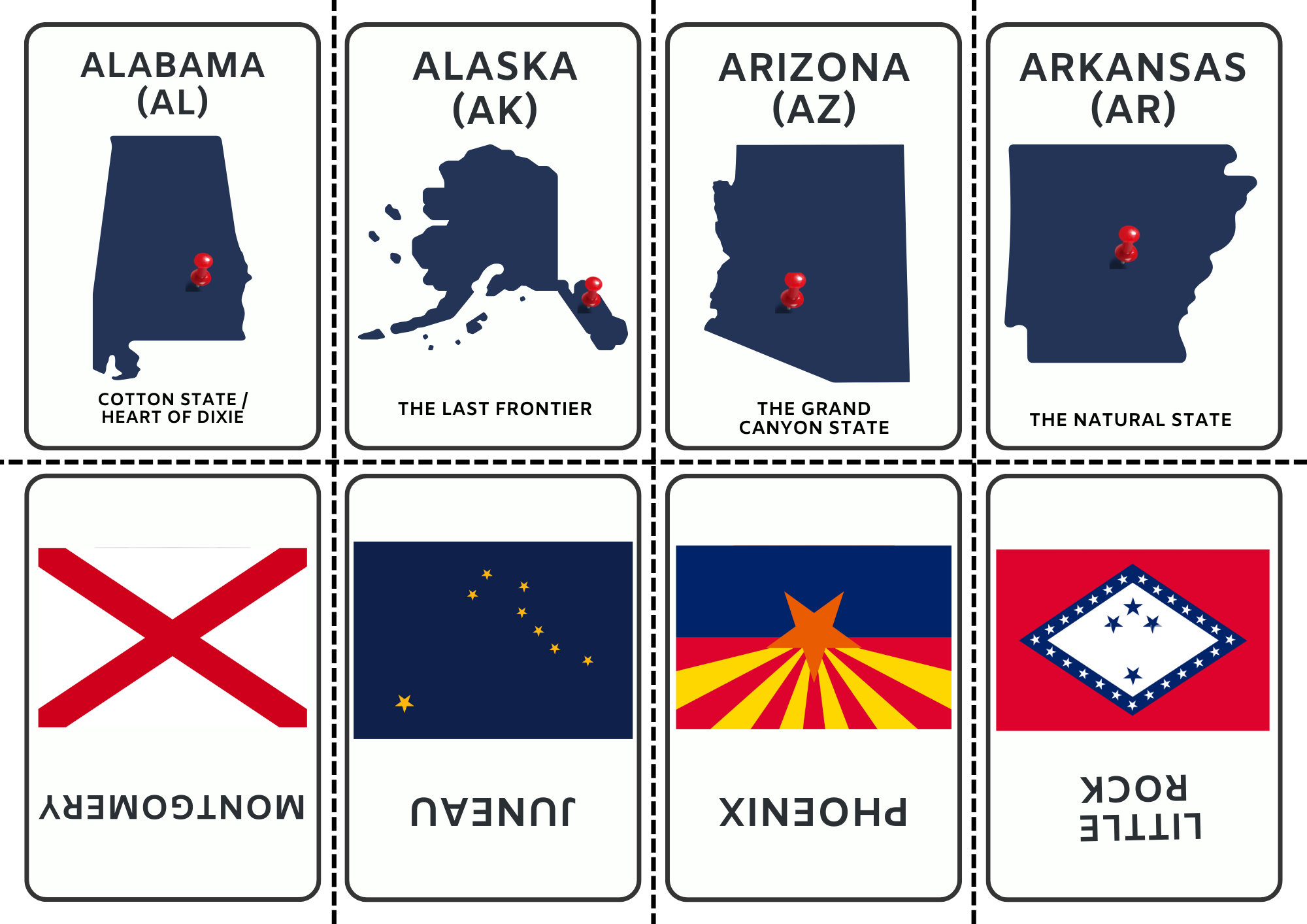 State Capitals, Nicknames, Flags, and Abbreviations Flash Cards Game ...