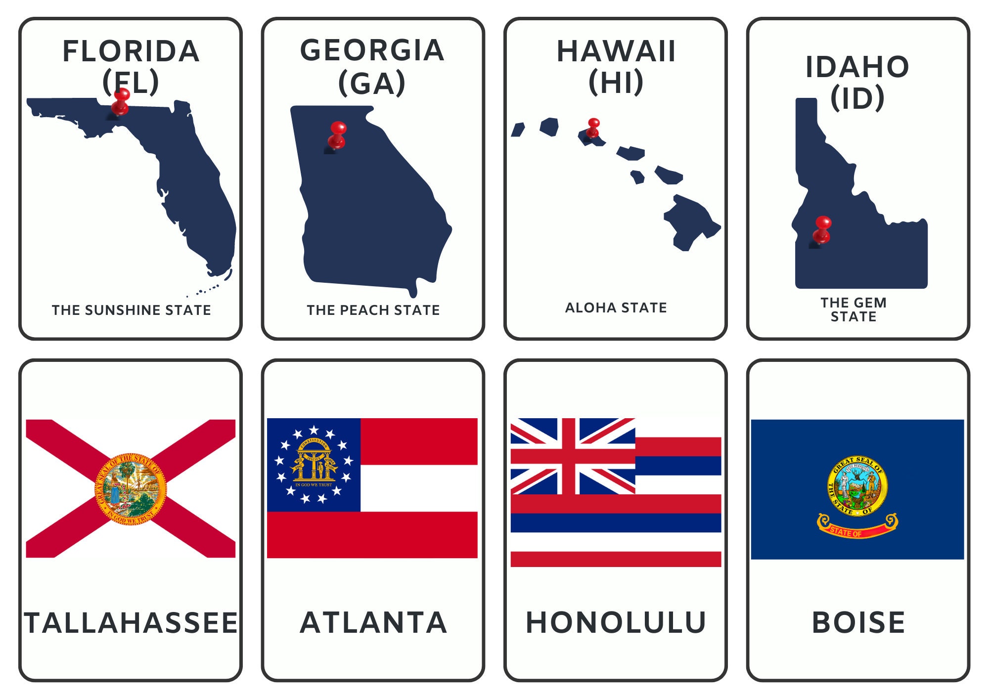 State Capitals, Nicknames, Flags, and Abbreviations Flash Cards Game ...