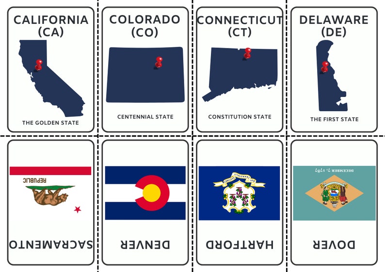 US State Capitals Flash Cards, History Learning Game (digital Download ...