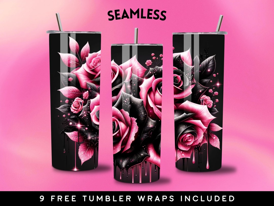 Roses Tumbler Wrap Goth 20oz Sublimation Design Flowers Emo Pink Black ...