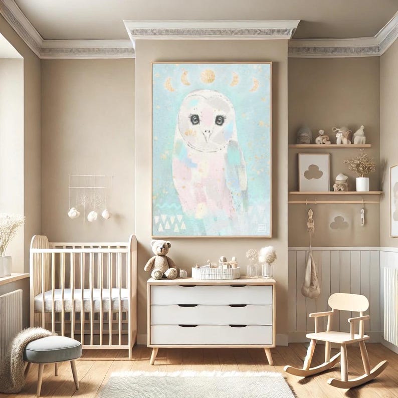 Pastel Owl Wall Art Print – Boho Nursery Decor | Celestial Animal ...