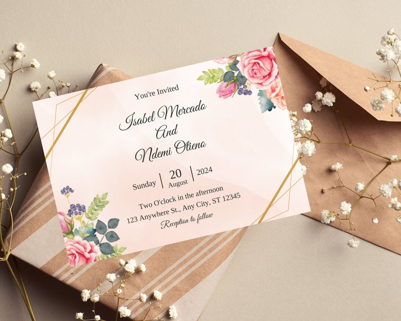 Neutral Floral Wedding Invitation Landscape, Watercolor Roses Wedding ...