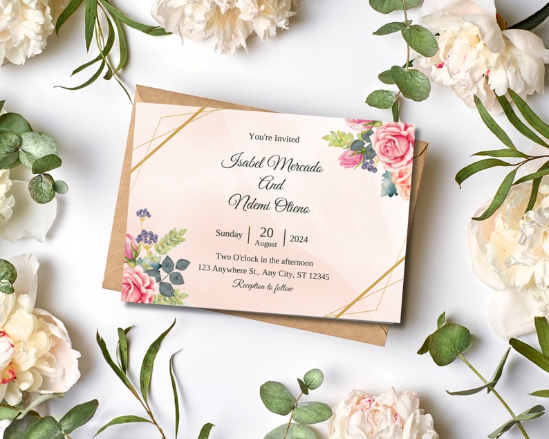 Neutral Floral Wedding Invitation Landscape, Watercolor Roses Wedding ...