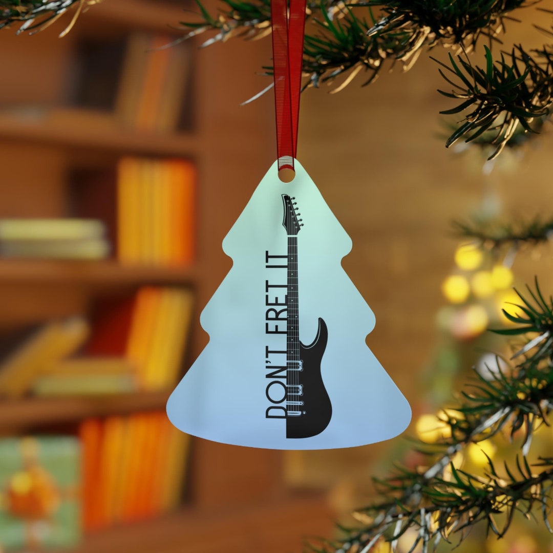 Punny Guitar Ornament, Don't Fret It Pun, Round Metal Ornament, Xmas ...
