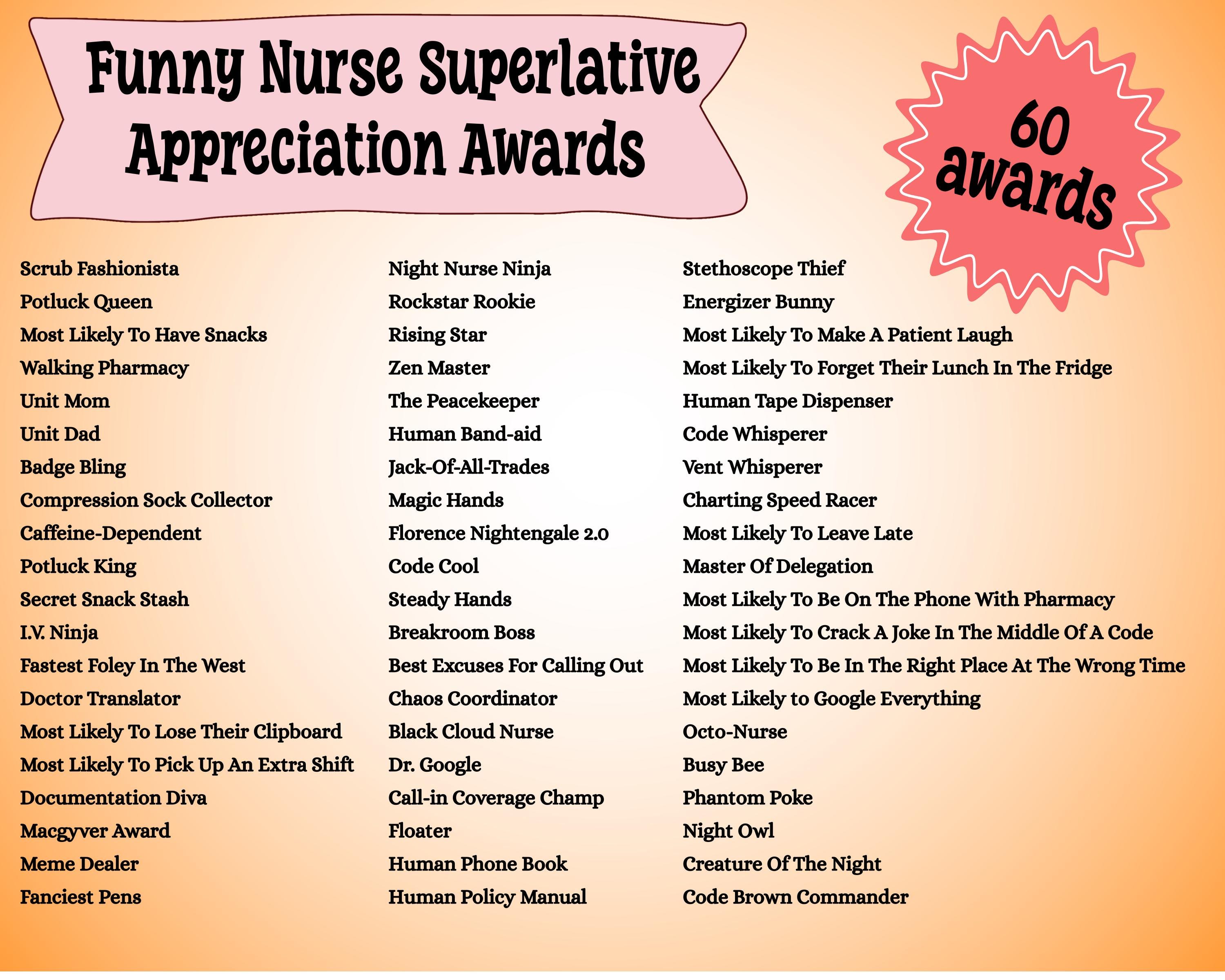 Funny Nursing Awards Digital Download, Nurse Superlative Awards, Nurse ...