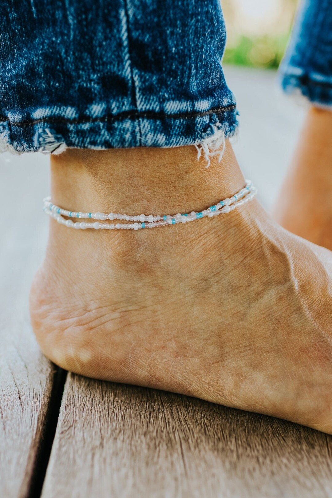 ACRUX - Classic White, Light Blue and Crystal Beaded Anklet / Double ...