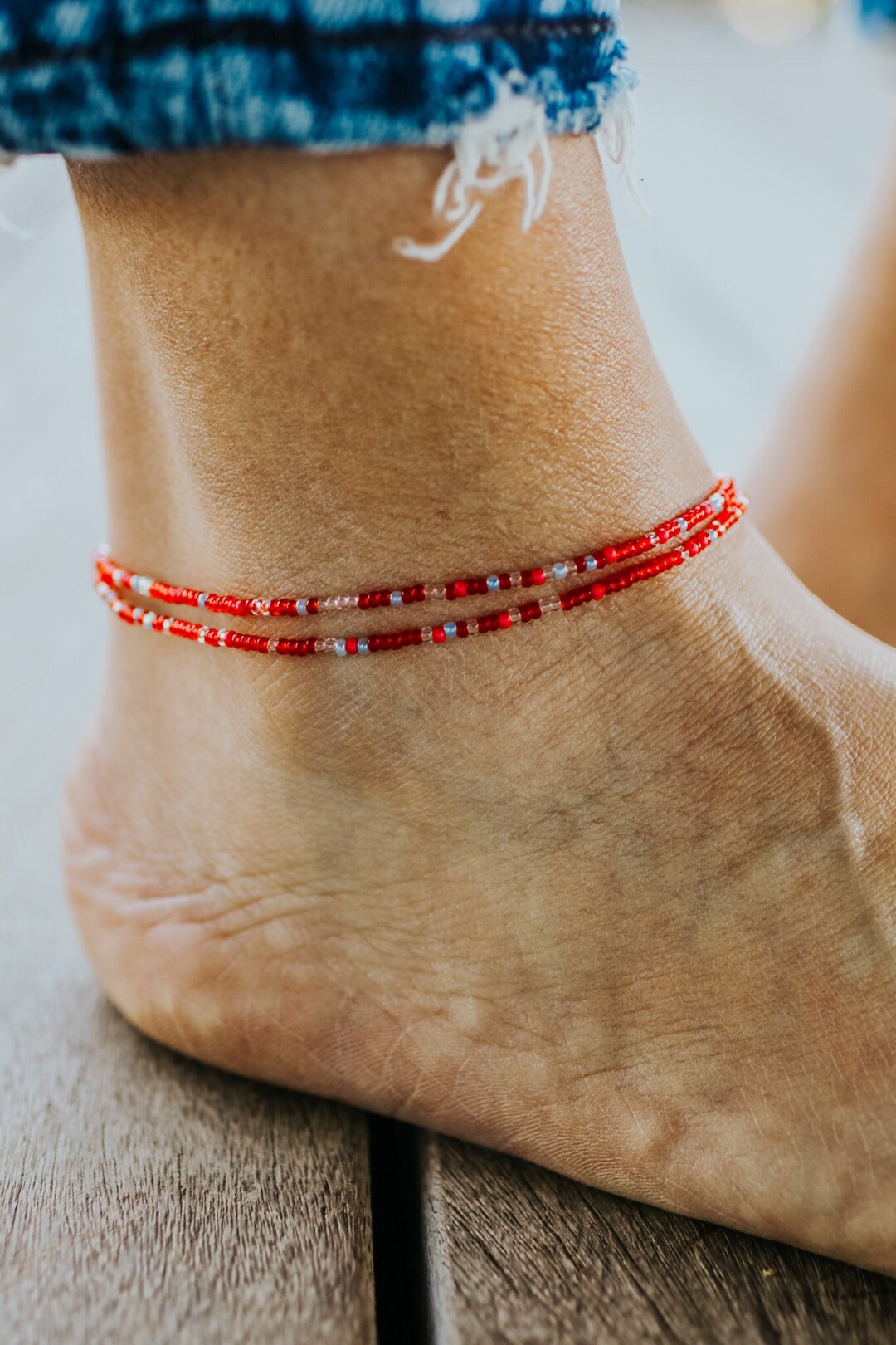 ROSETTE - Classic Red and Crystal Beaded Anklet / Chic Boho Ankle ...