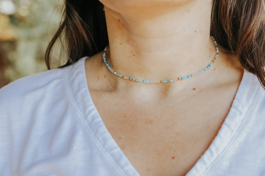 HIGH TIDE - Subtle Blue and Neutral Colors Beaded Choker / Dainty Beach ...