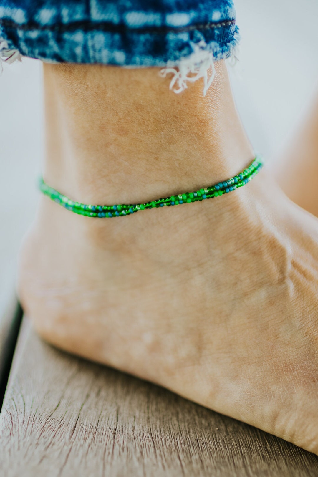 FOREST - Shades of Green and Shimmer Beaded Anklet - Double Wrap Boho ...