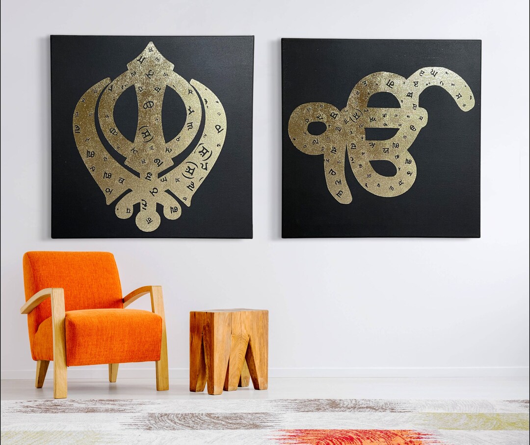 Khanda and Ek Onkar Handmade Foil Art on Canvas, Set of 2, Sikh Wall ...