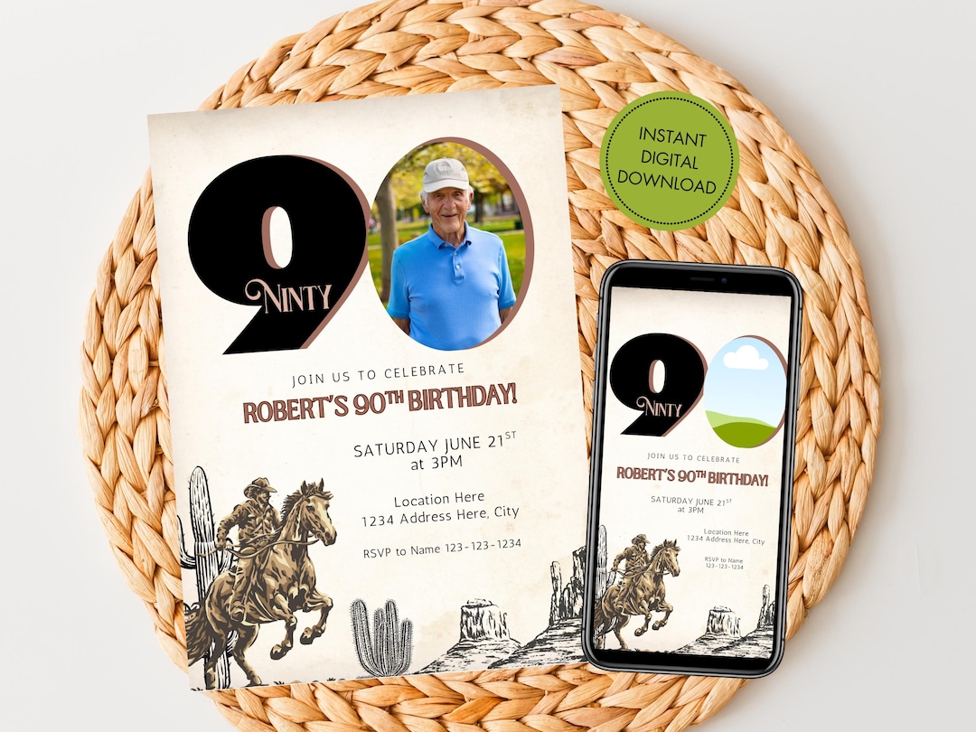 Editable 90th Birthday Invitation. Digital Download. Western 90th ...