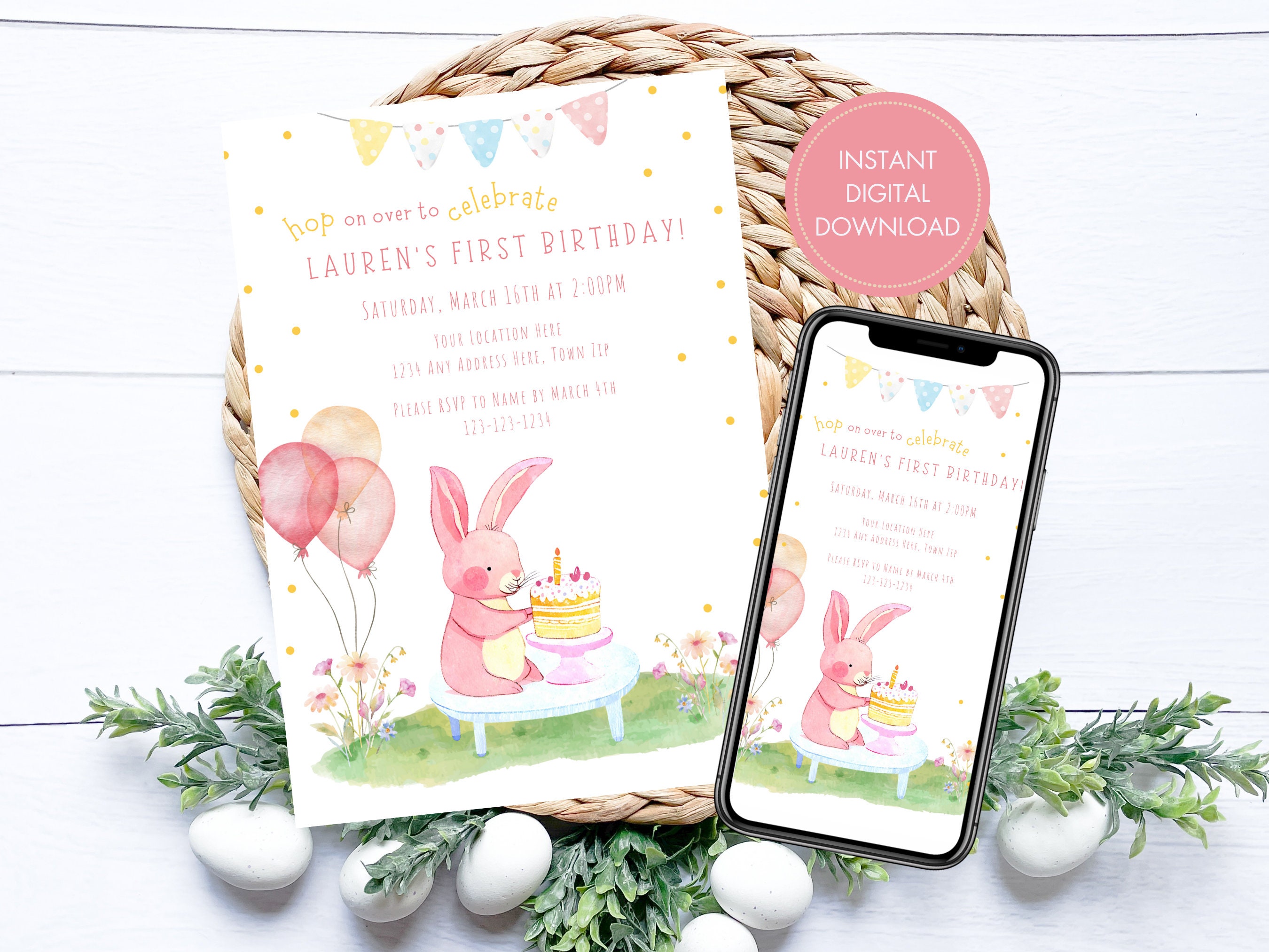 Editable Pink Bunny Birthday Invitation. Digital Download. Hop on Over ...