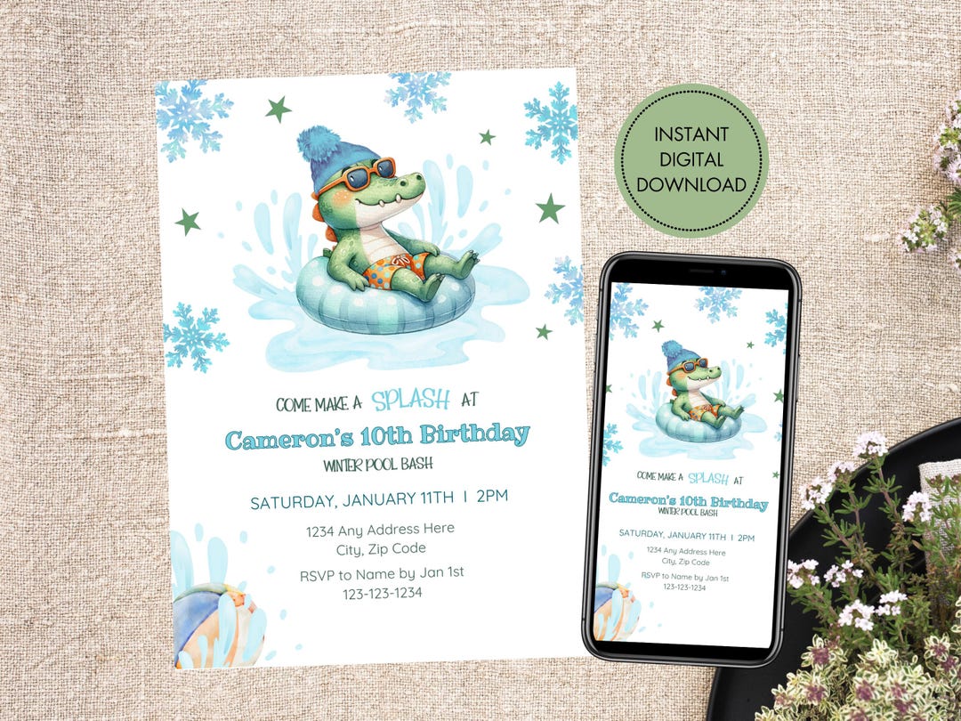 Editable Winter Pool Party Birthday Invitation. Digital Download. Boys ...