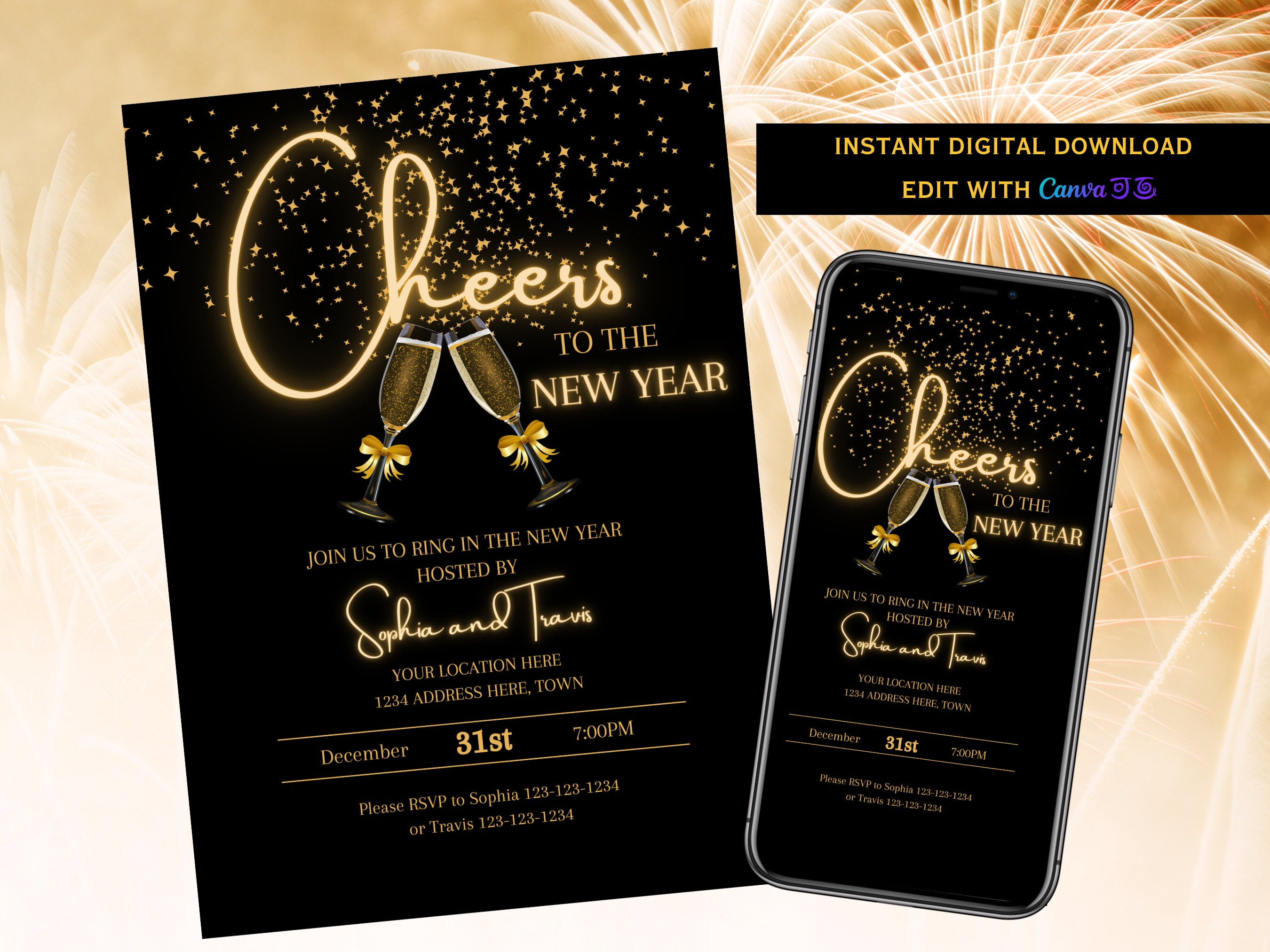 Editable New Years Eve Party Invitation. Digital Download. Gold New ...