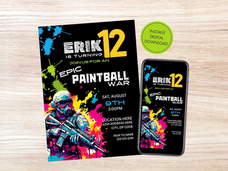Editable Paintball Birthday Invitation. Digital Download. Teen ...