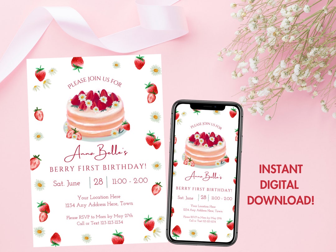Editable Berry First Birthday Invitation. Digital Download. Strawberry ...