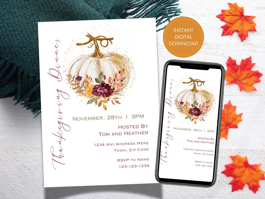 Editable Thanksgiving Invitation. Digital Download. Floral Gold Pumpkin ...
