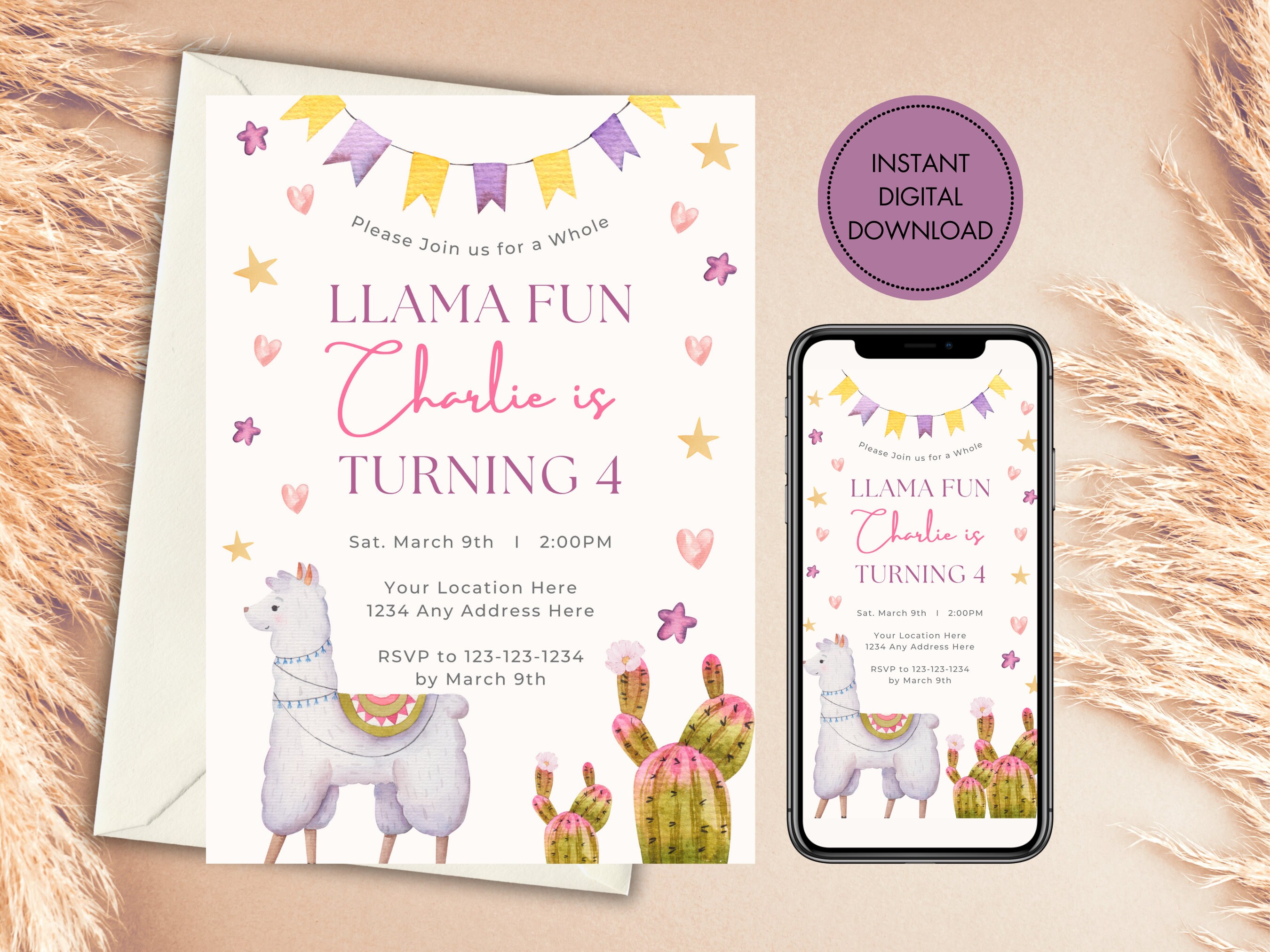 Editable Boho Llama Birthday Invitation. Digital Download. Whole Llama ...