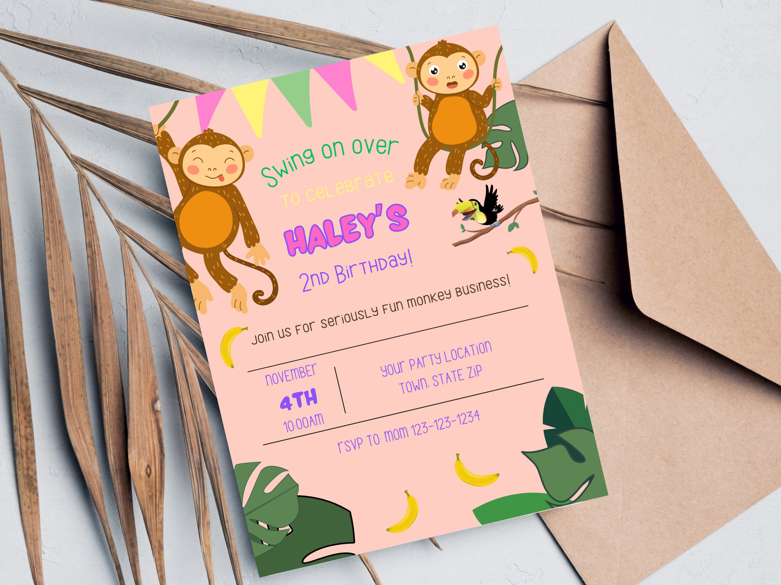 Editable Monkey Theme Birthday Invitation Digital Download. - Etsy