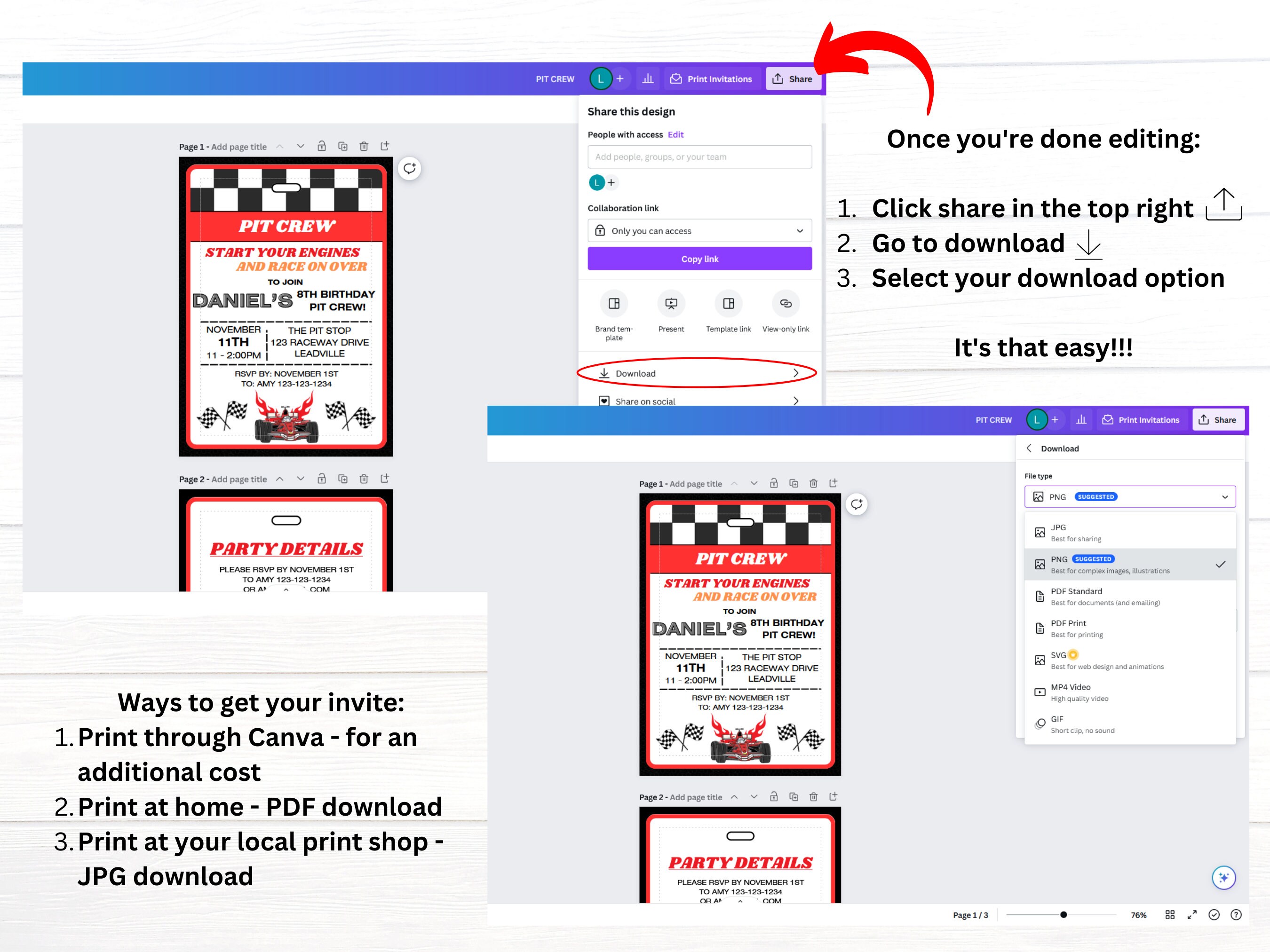 Editable Race Car Birthday Invitation. Digital Download. Pit Pass ...