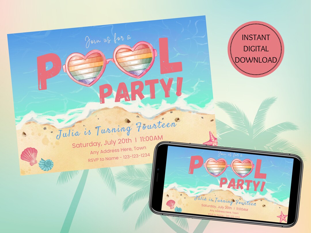 Editable Pool Party Birthday Invitation. Digital Download. Beach Theme ...