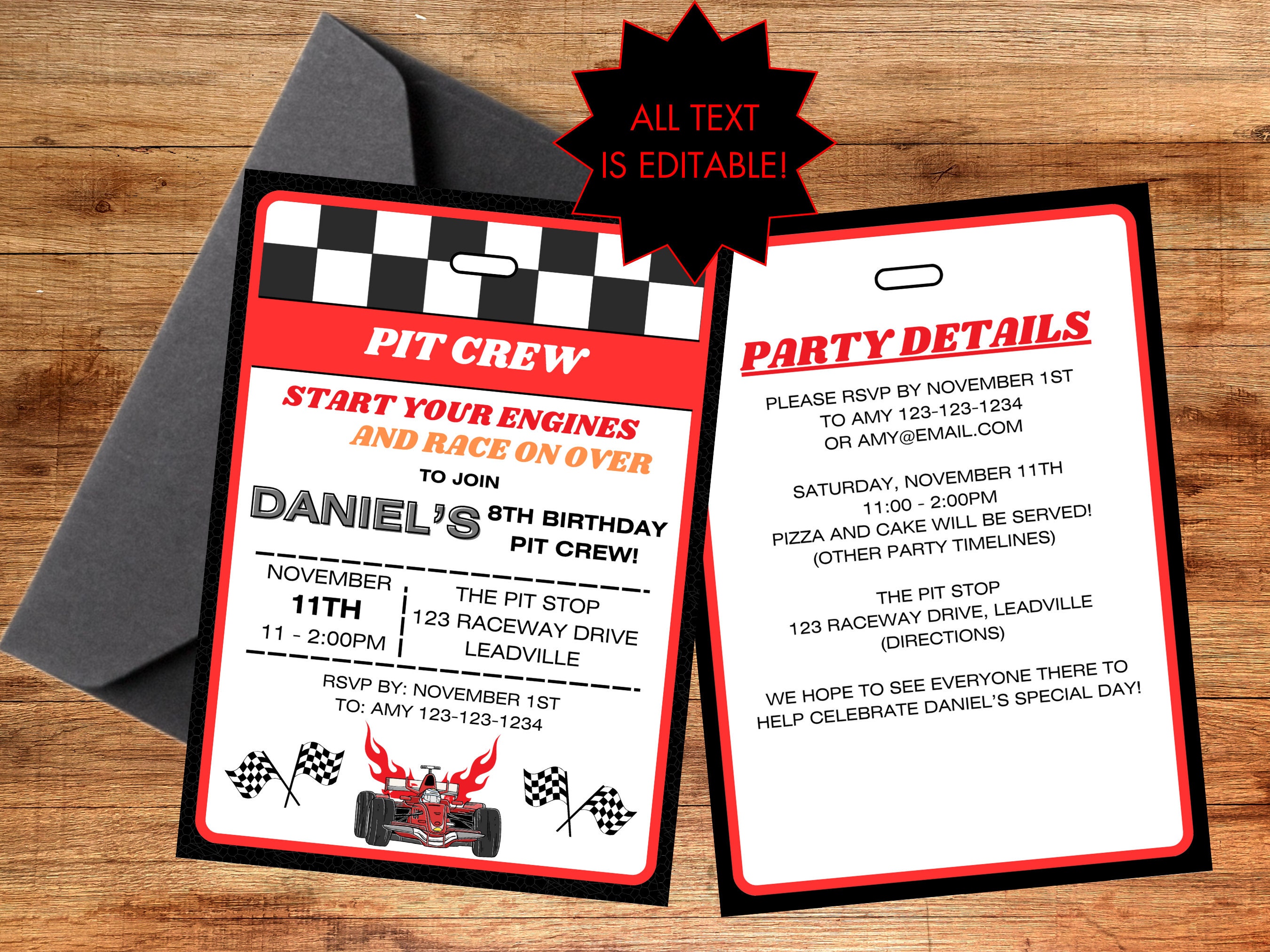 Editable Race Car Birthday Invitation. Digital Download. Pit Pass ...