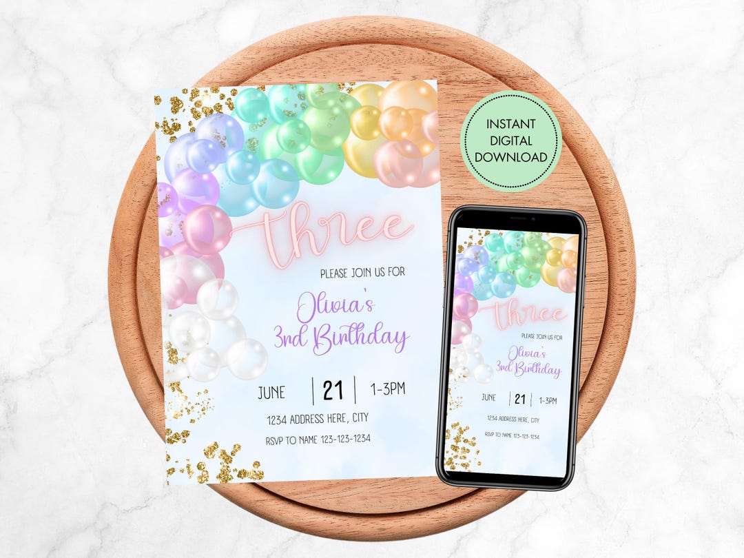 Editable Rainbow Balloon Birthday Invitation. Digital Download. Balloon ...