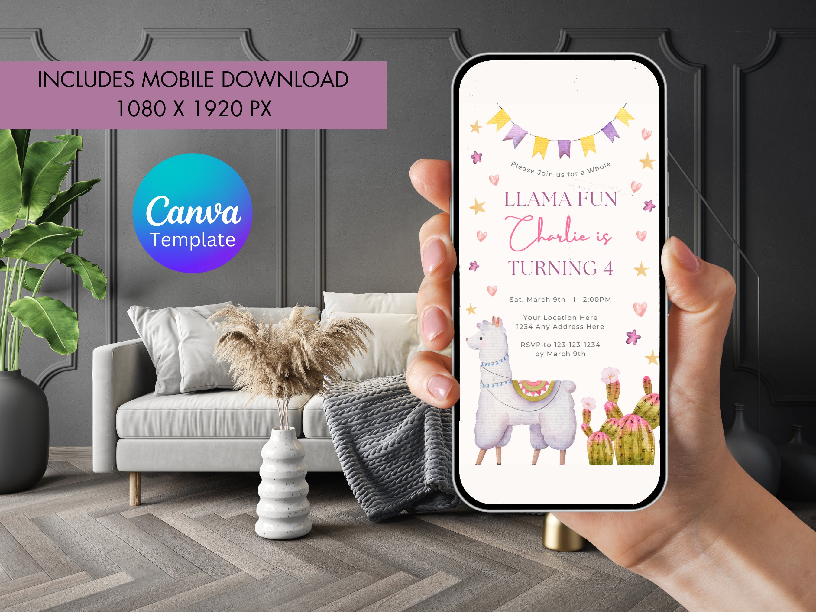 Editable Boho Llama Birthday Invitation. Digital Download. Whole Llama ...