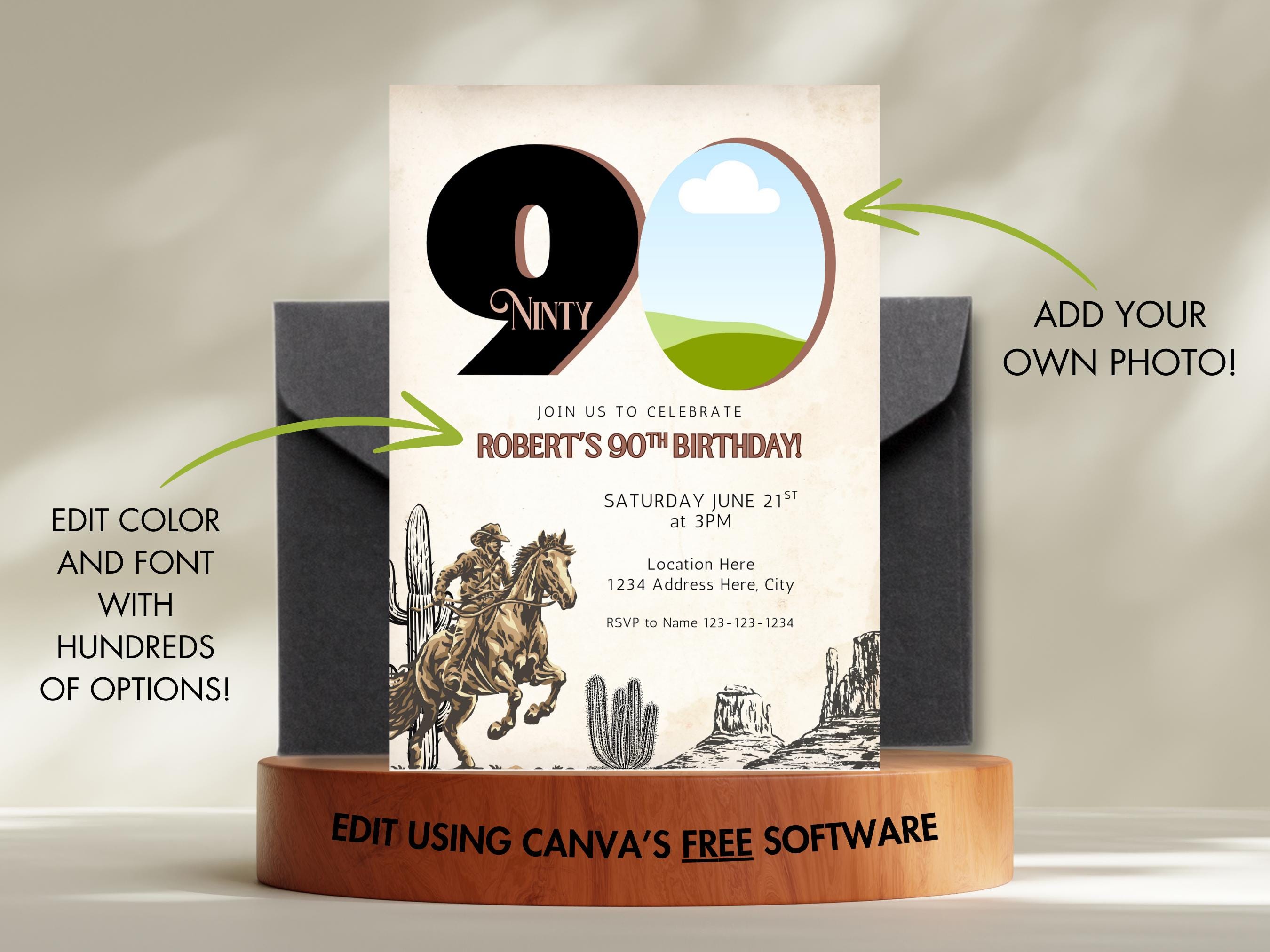 Editable 90th Birthday Invitation. Digital Download. Western 90th ...