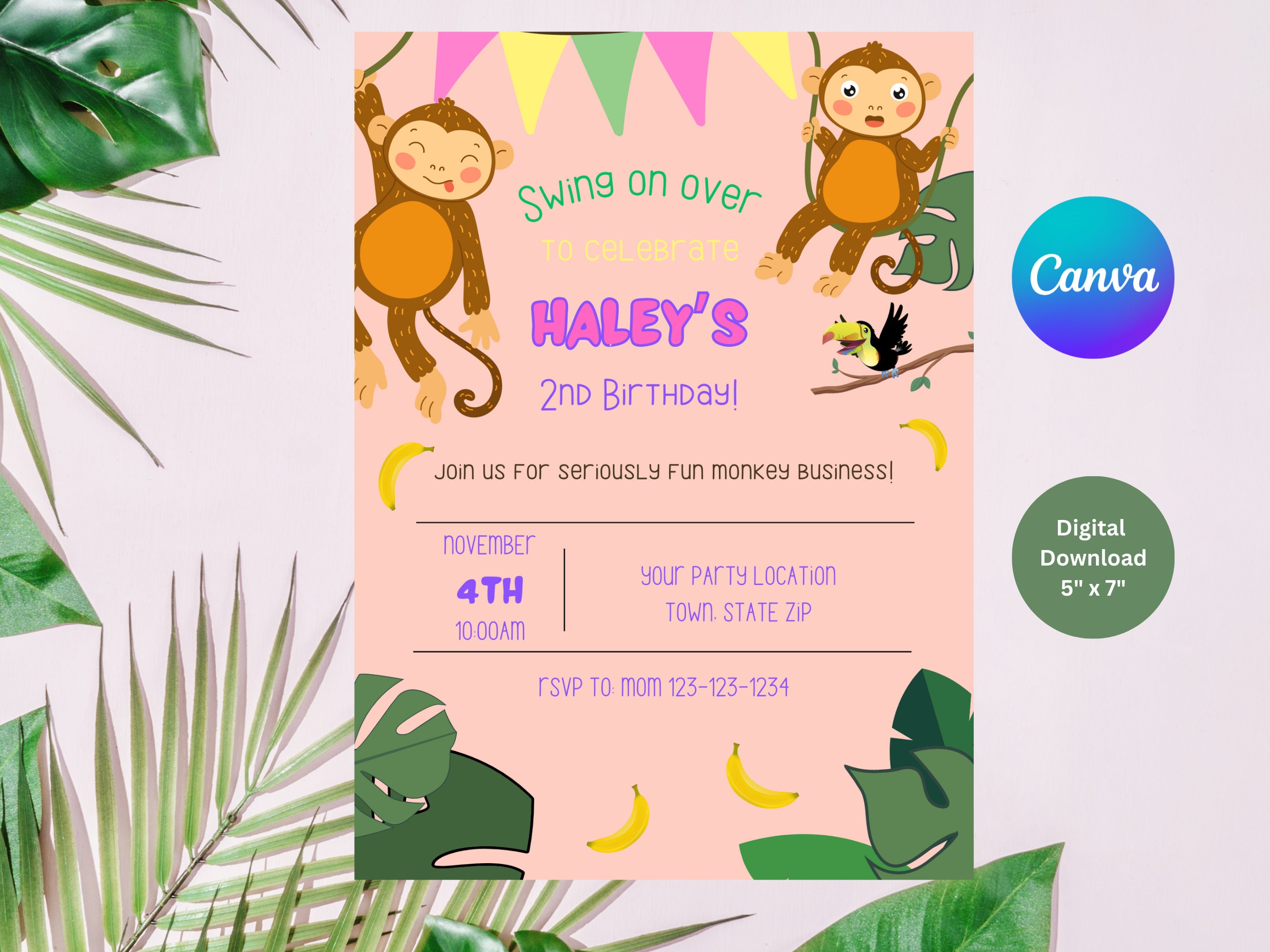 Editable Monkey Theme Birthday Invitation Digital Download. - Etsy