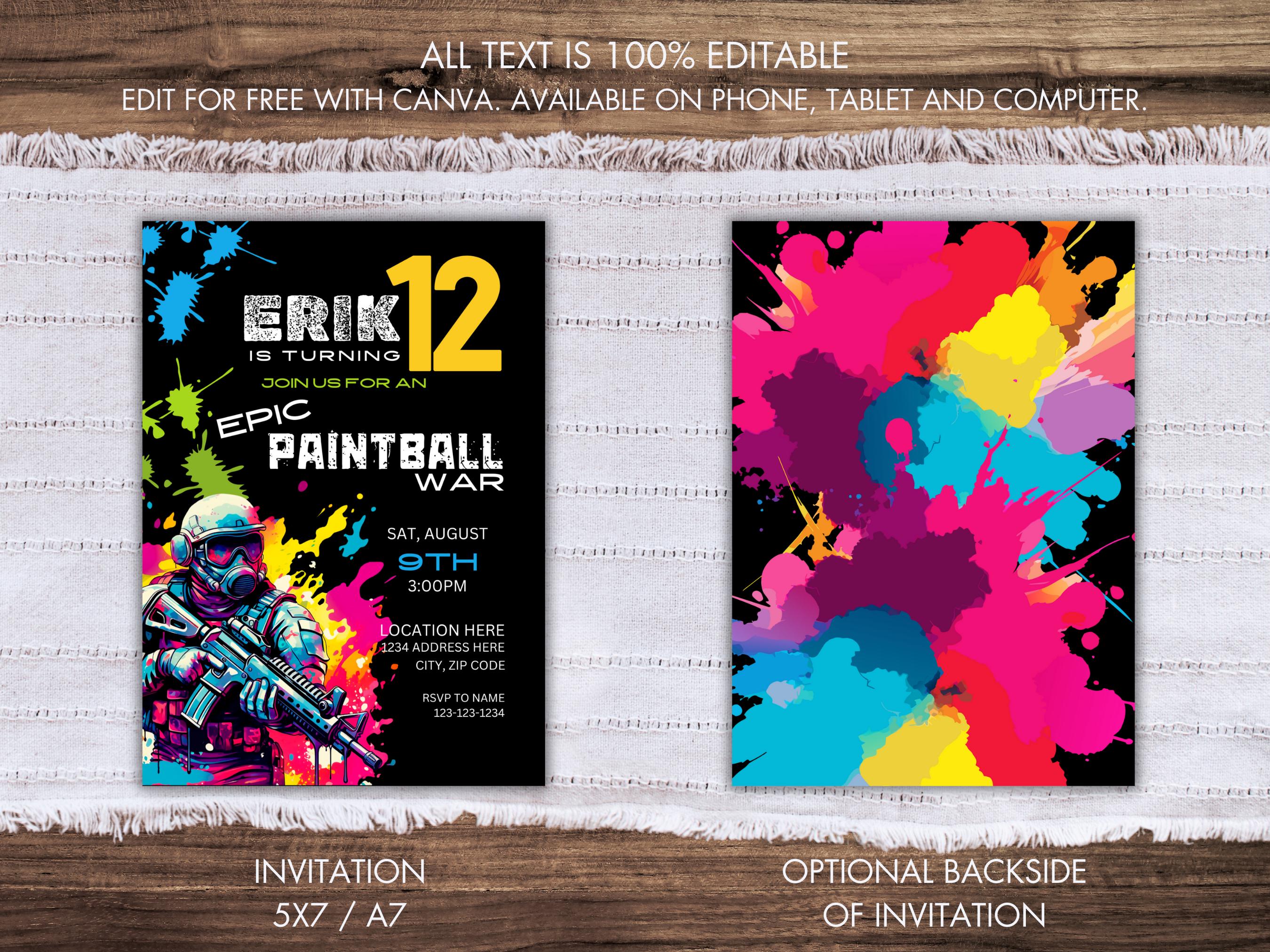 Editable Paintball Birthday Invitation. Digital Download. Teen ...