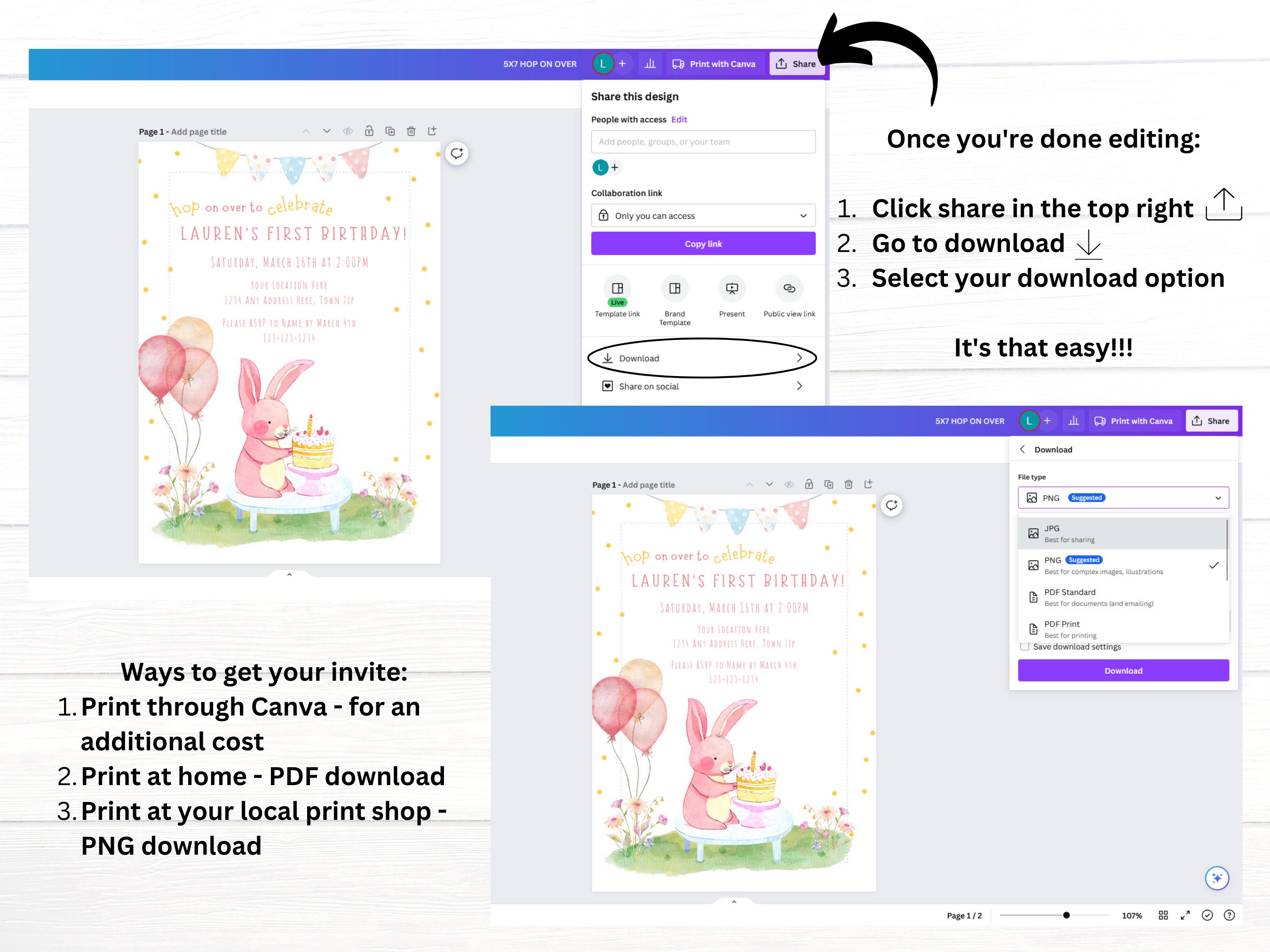 Editable Pink Bunny Birthday Invitation. Digital Download. Hop on Over ...